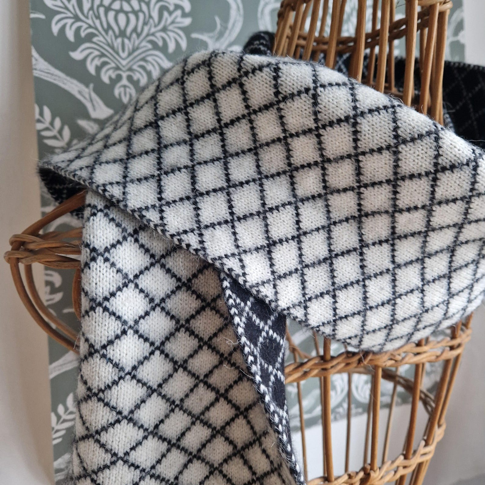 Vintage Wool Scarf, Geometric Diamond Pattern, Reversible Design, Long ...