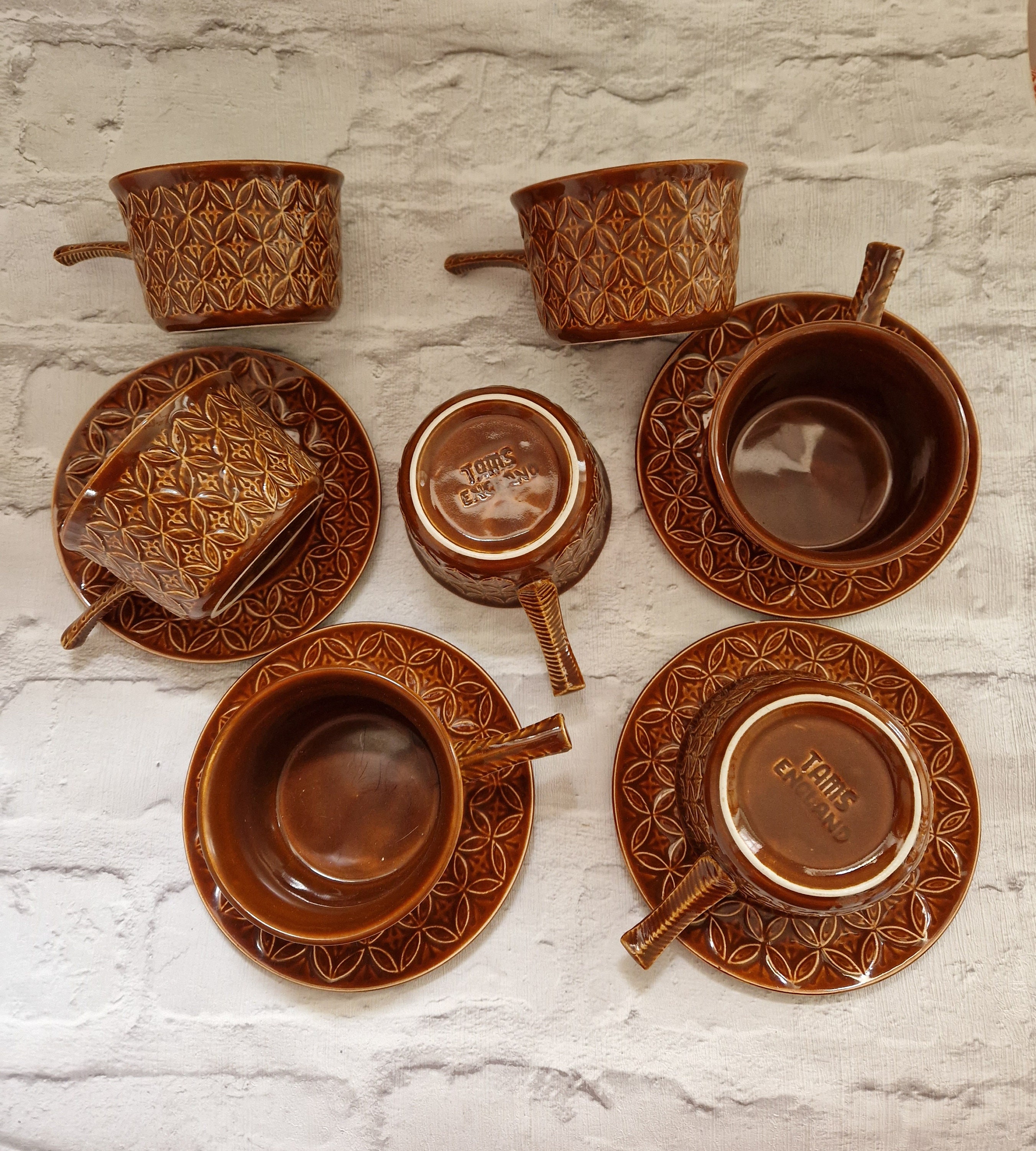 Tams Chestnut Glazed Soup Cups With Handles and Saucers 4 - Etsy