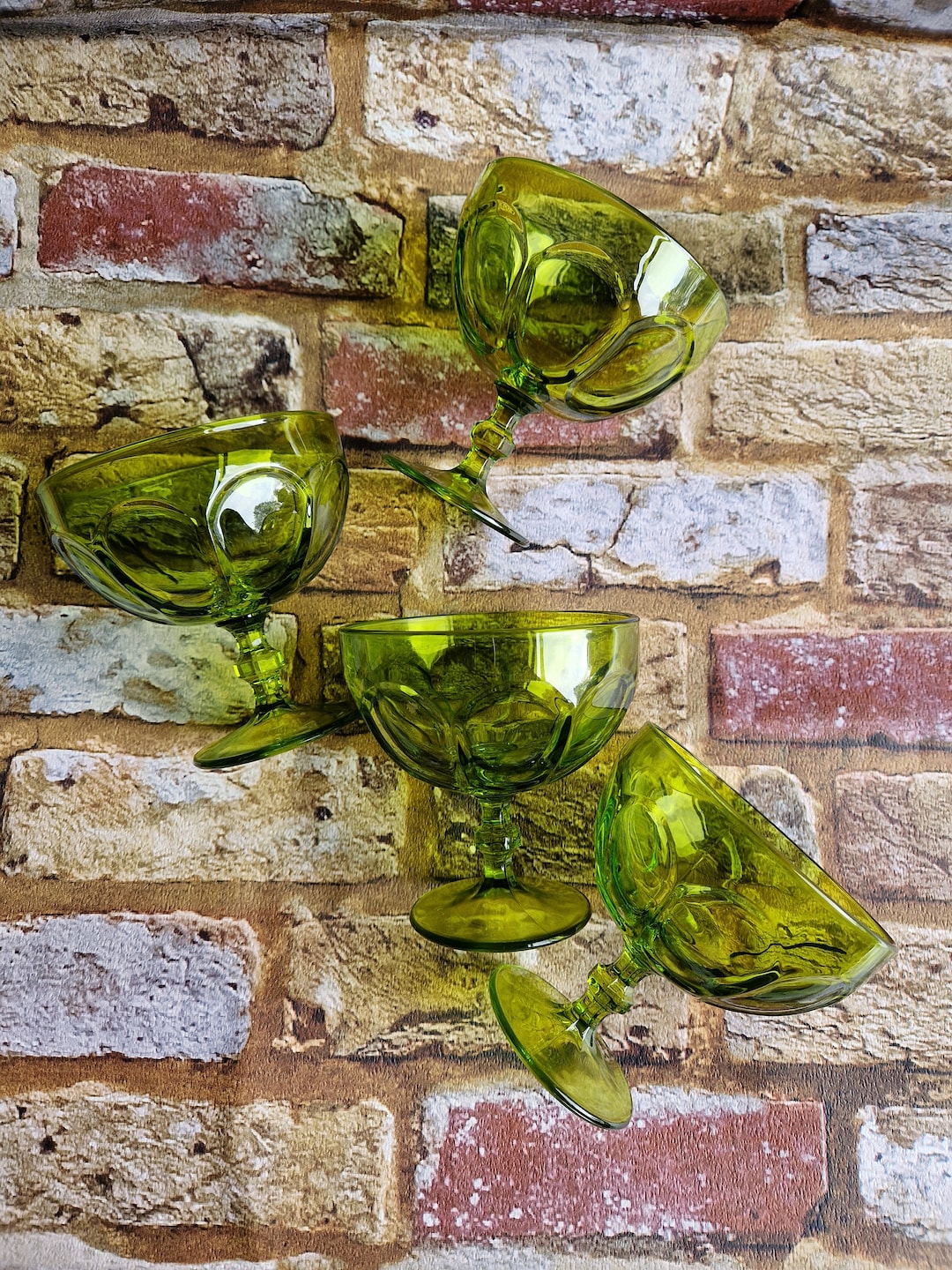 Set of 4 Large Olive Green Carnival Glass Sundae Ice Cream Dishes 60s ...