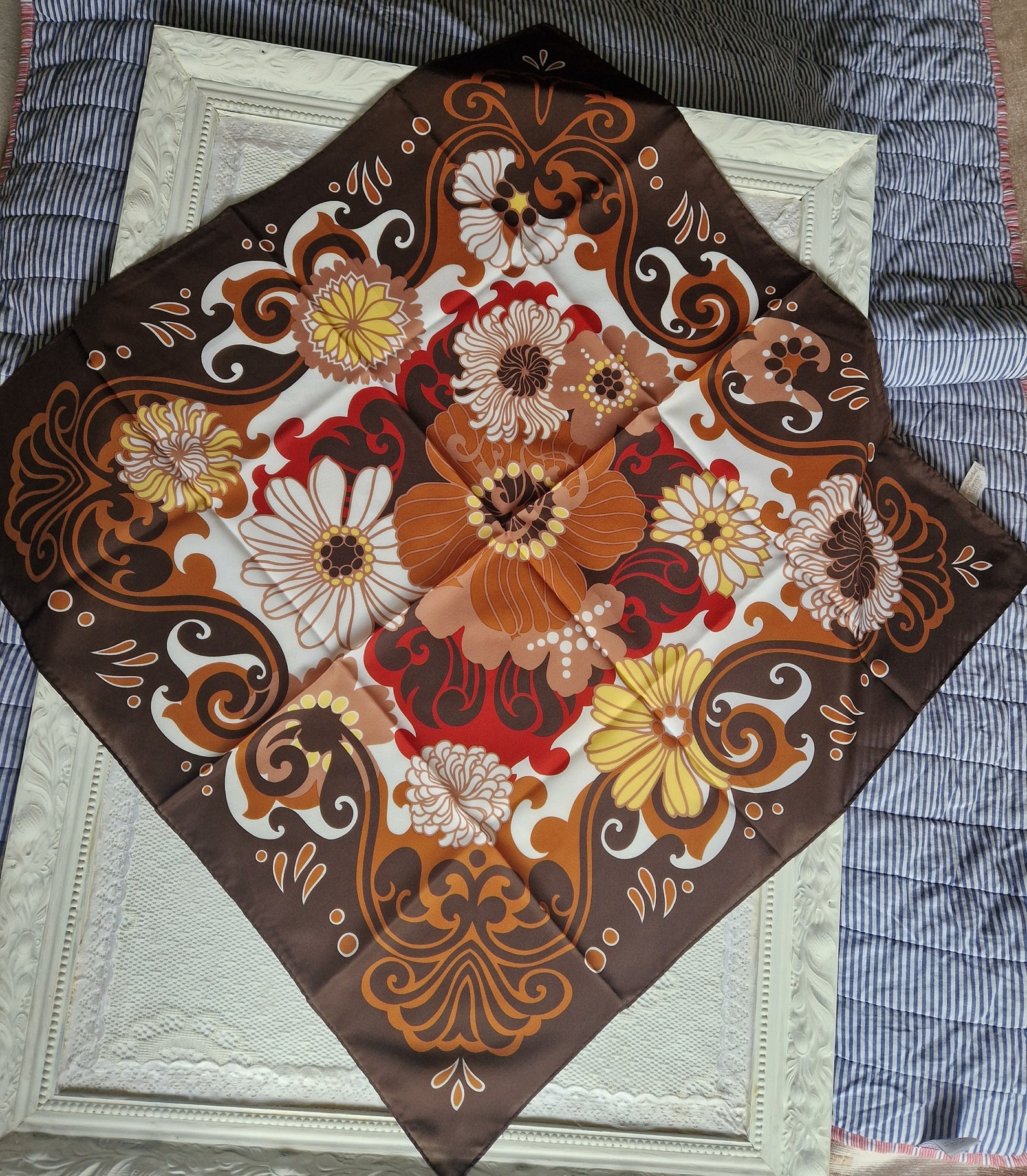 Hand Printed Texturized Chiffon Vintage Headscarf in Brown, Funky ...