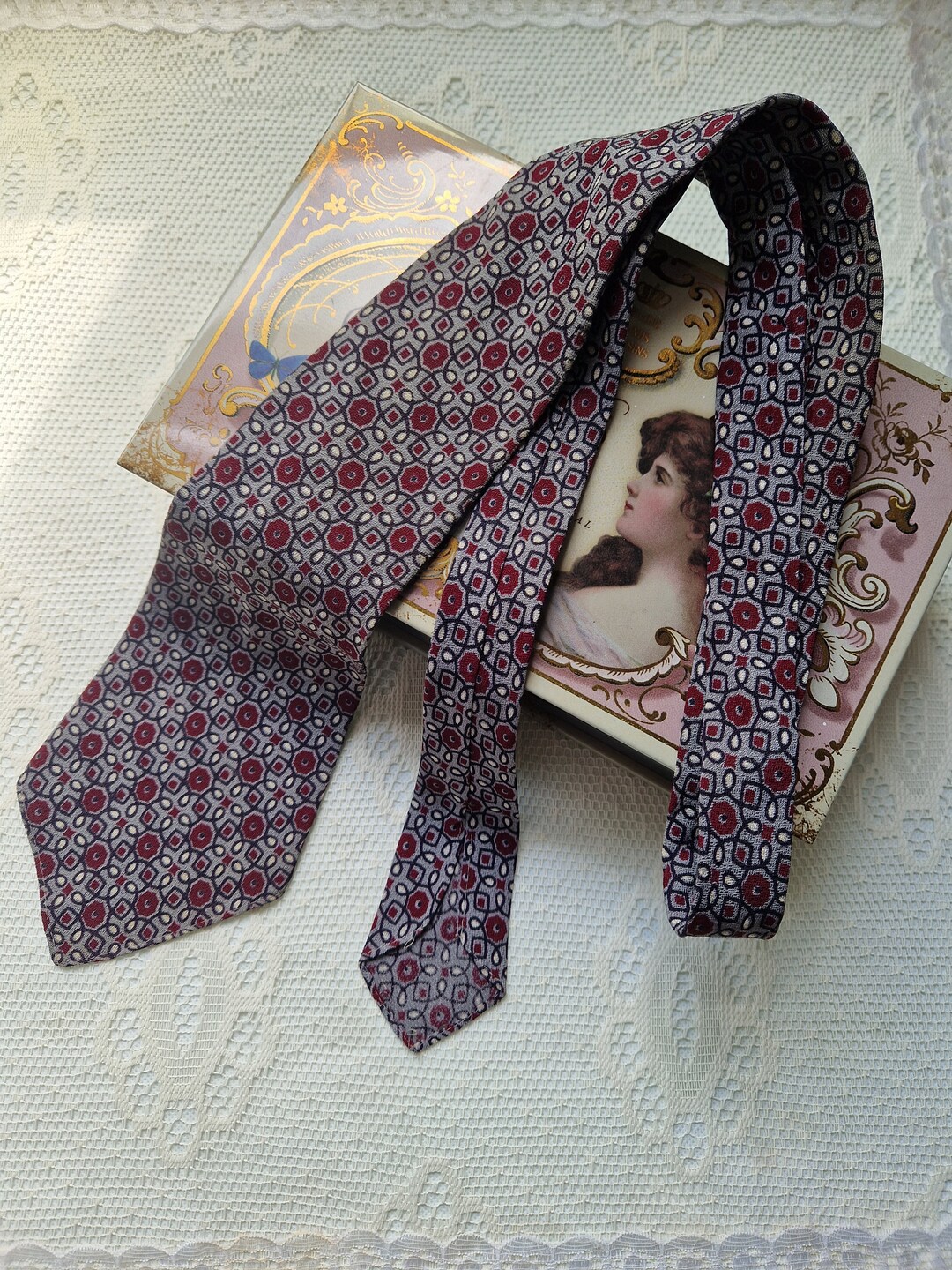 Tootal Tie, 60s Mod Vintage Tie in Geometric Design, Grey and Burgundy ...