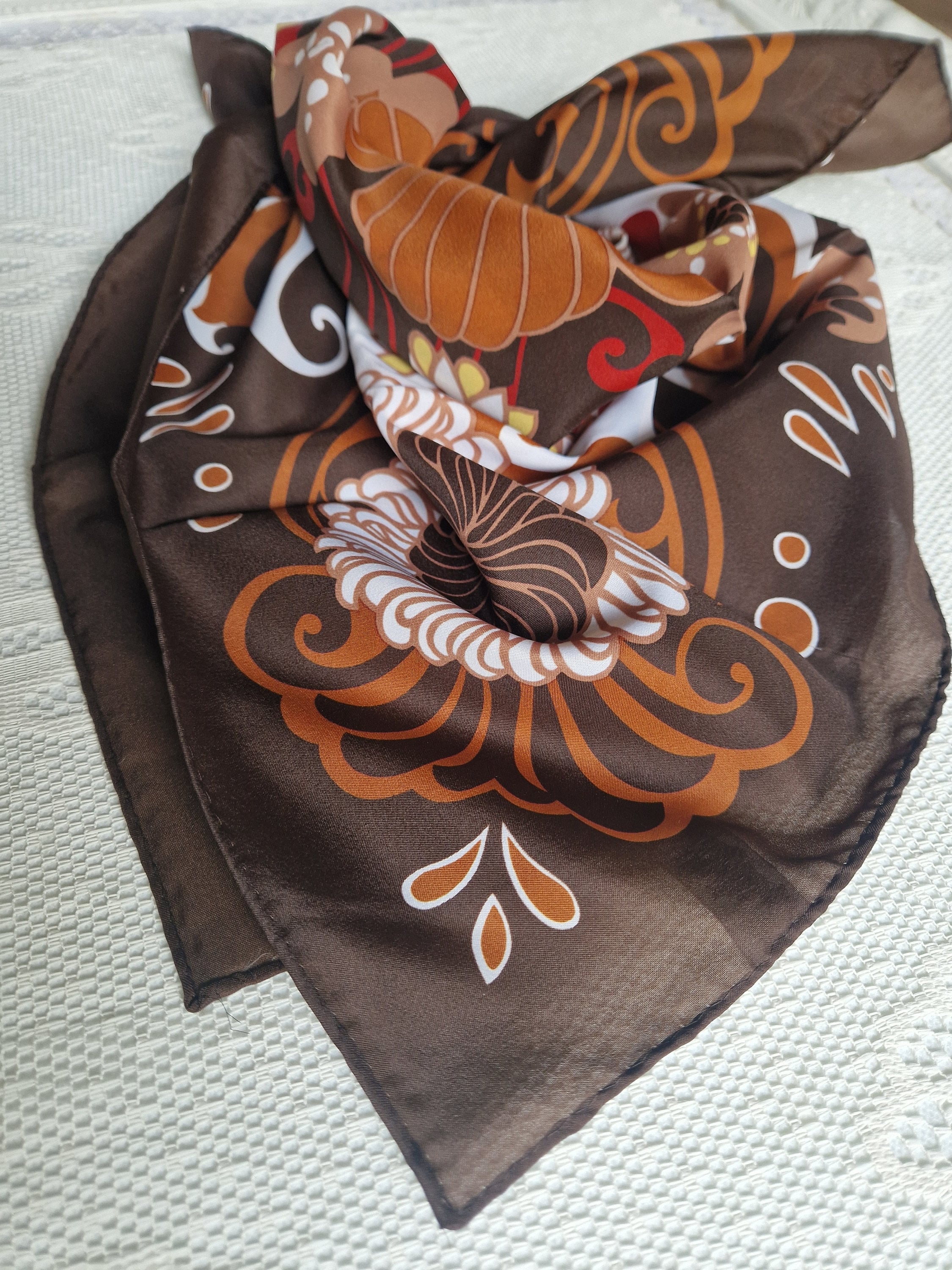 Hand Printed Texturized Chiffon Vintage Headscarf in Brown, Funky ...