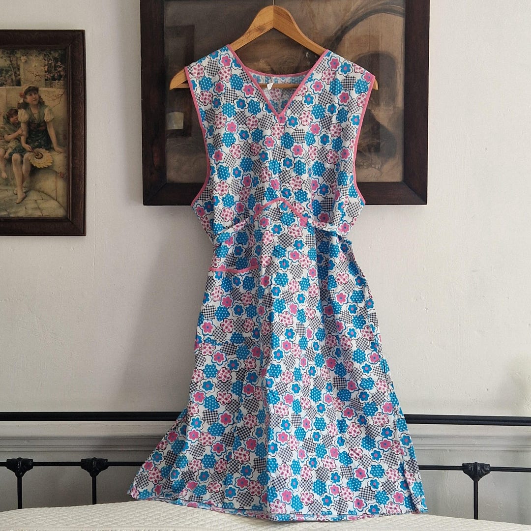 Vintage Pink Turquoise Floral Apron Dress, 50s Full Apron Day Dress ...