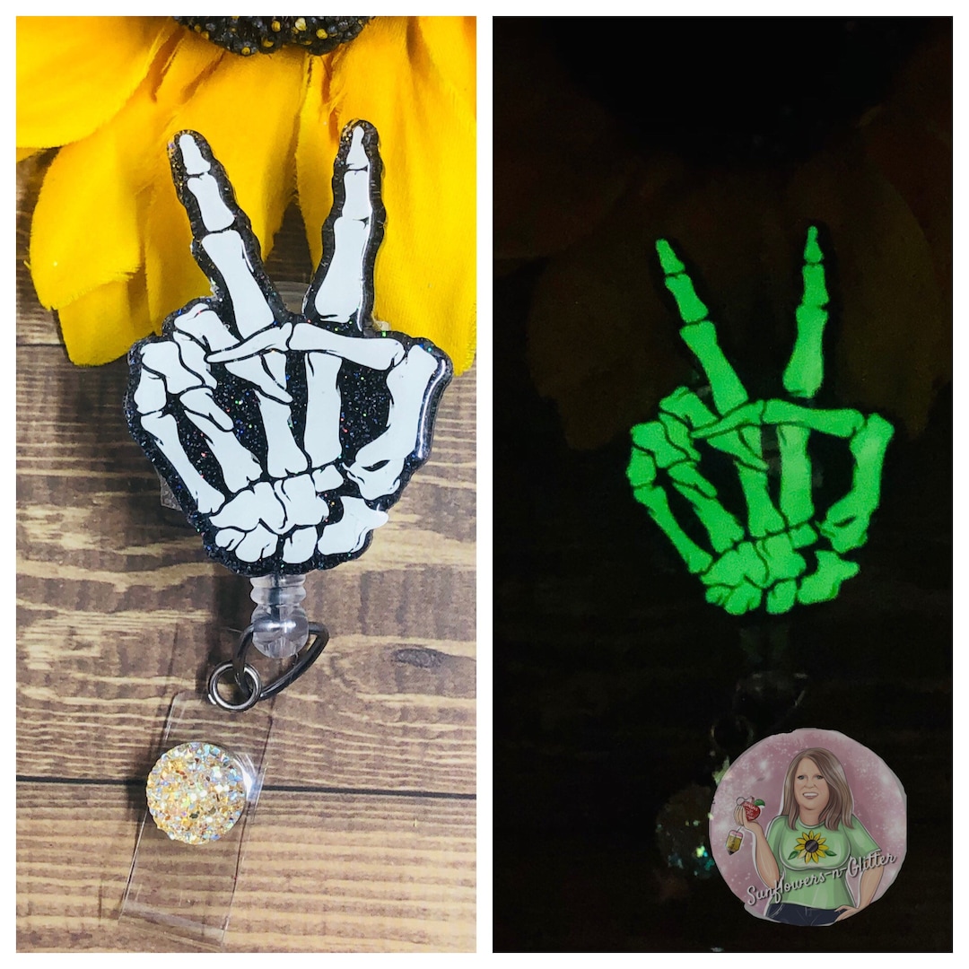 Glow in the Dark Skeleton Hand Peace Sign Badge Reel Medical Badge Reel ...