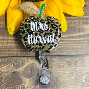 Apple Leopard Print With Name Badge Reel-teacher/educator Badge Reel ...