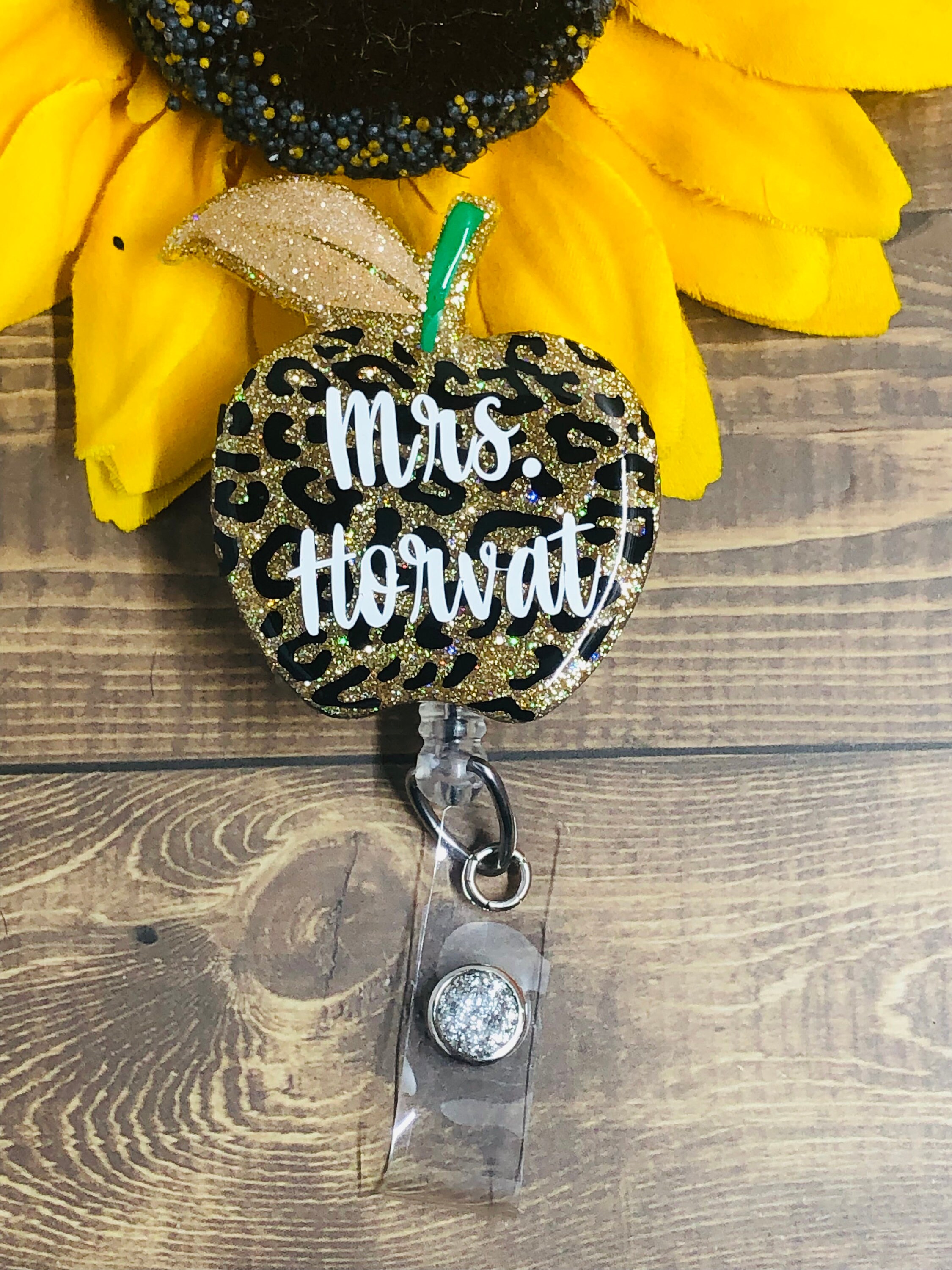 Apple Leopard Print With Name Badge Reel-teacher/educator | Etsy