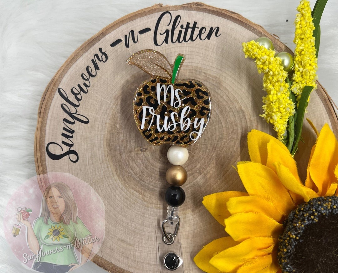 Apple Leopard Print With Name Badge Reel-teacher/educator Badge Reel ...