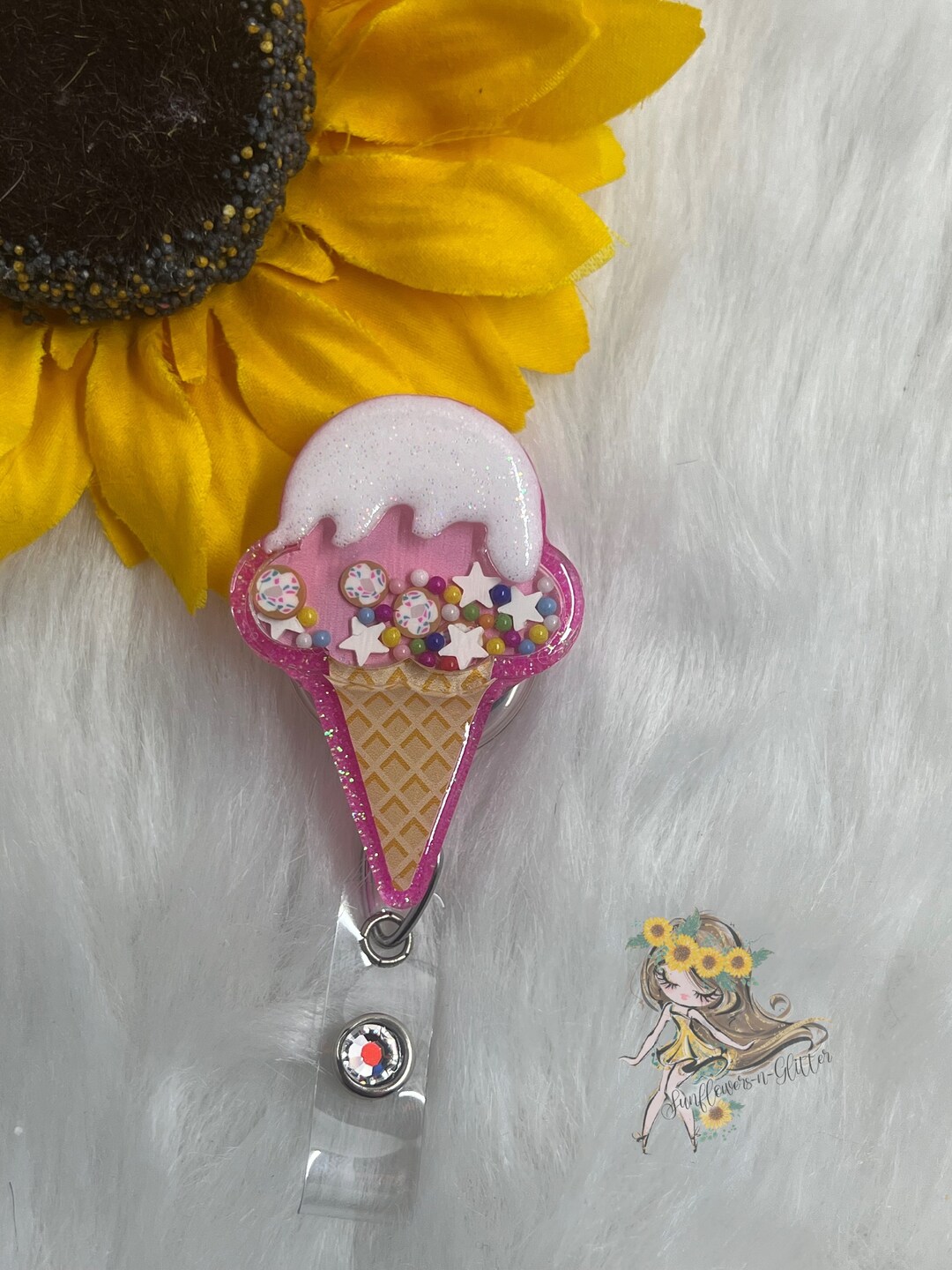 Ice Cream Shaker Badge Reel-cartoon Daisy Badge Reel-daisy Flower ...