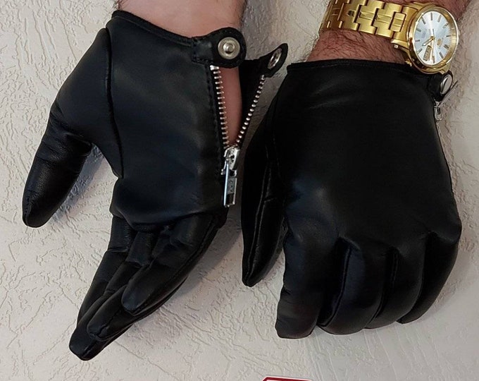 Men's Driving Black Genuine Gloves With Zippers and Knobs Made With ...