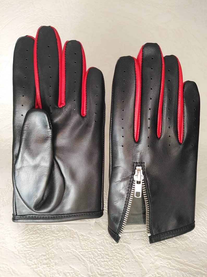 Men's Black & Red Genuine Leather Gloves With Zippers - Etsy