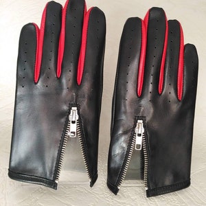 Men's Black & Red Genuine Leather Gloves With Zippers Accessory Made ...