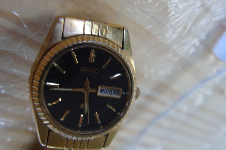 Seiko Ladies Gold Colored Black Face Day & Date Watch - Etsy