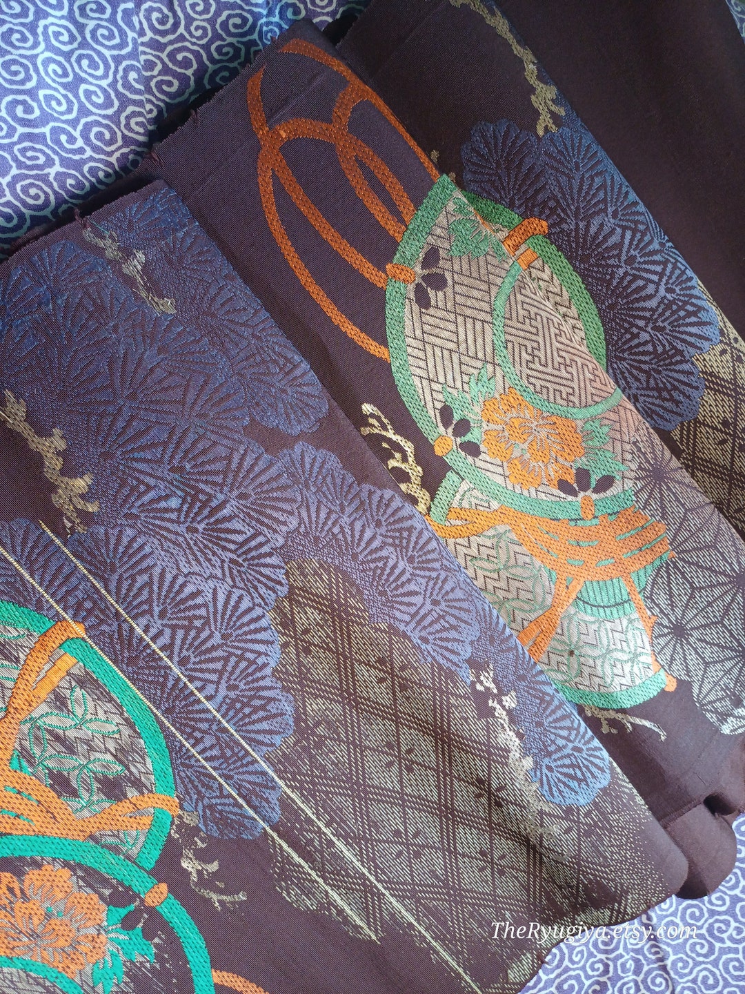 Antique Japanese Brown, Orange, Green, Blue and Gold Hitoe Summer ...