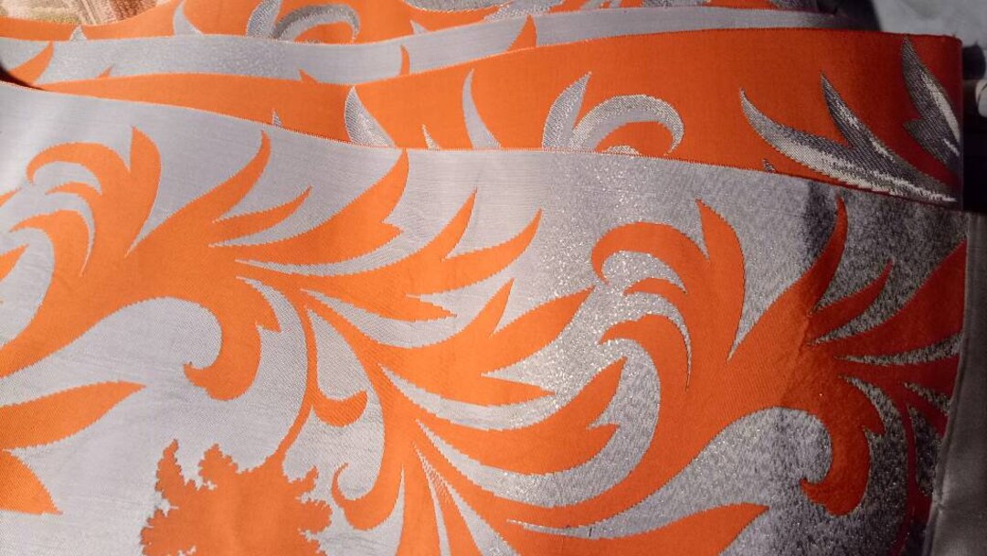袋帯 Vintage Japanese Fukuro Obi: Orange, Silver Floral Hitoe Sash ...