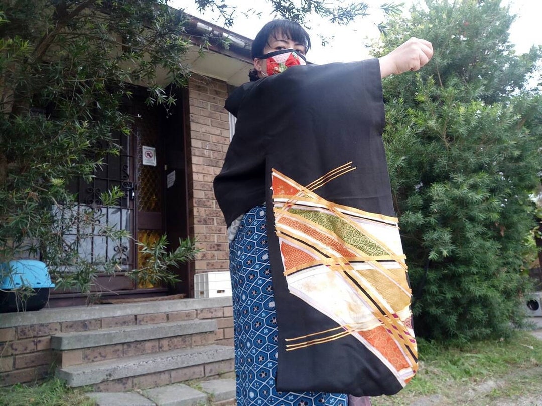 Black Furisode Haori Kimono Jacket With Brooch Fastening: Real Vintage ...