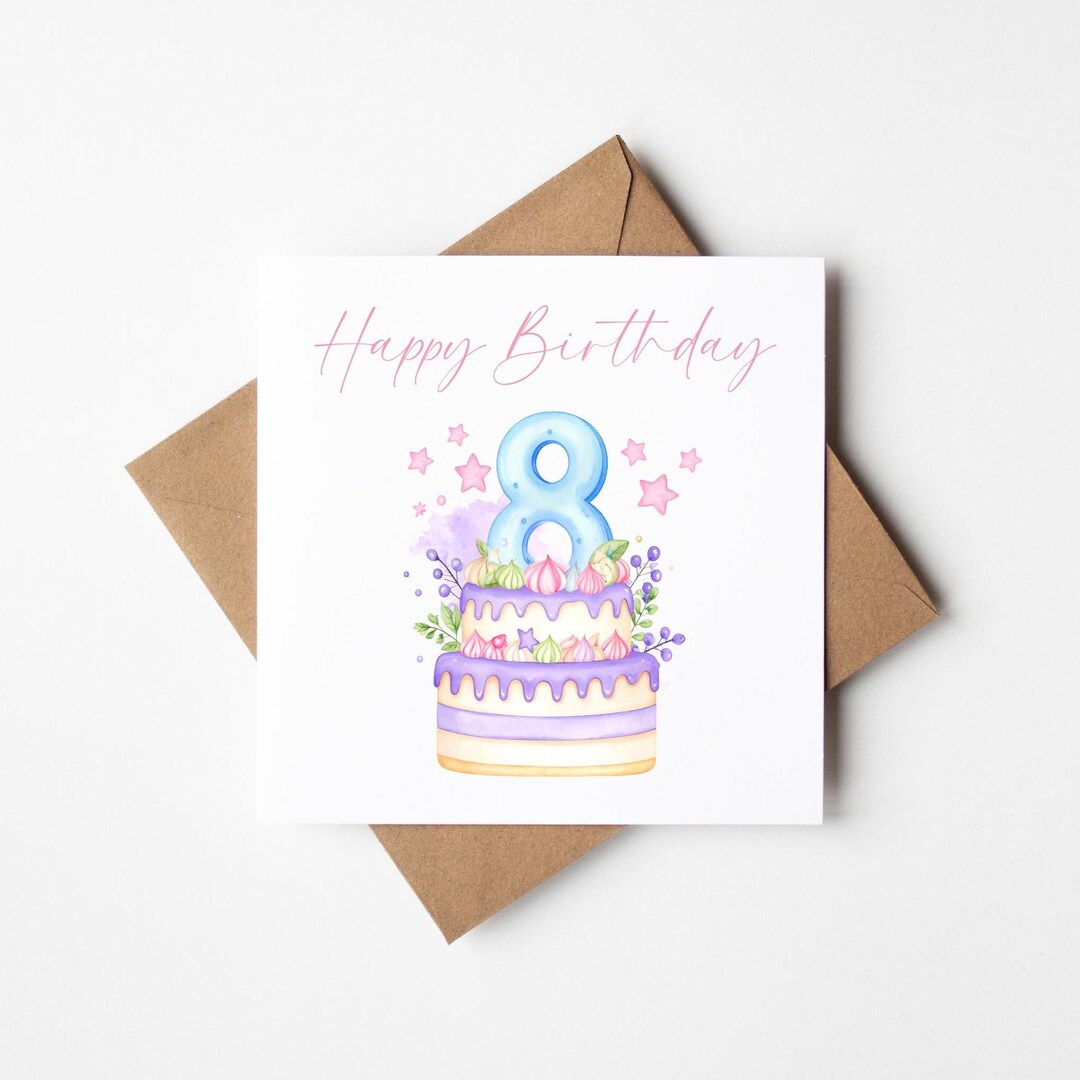 8th Birthday Card Pink, Blue, & Purple Cake Number 8 With Envelope - Etsy