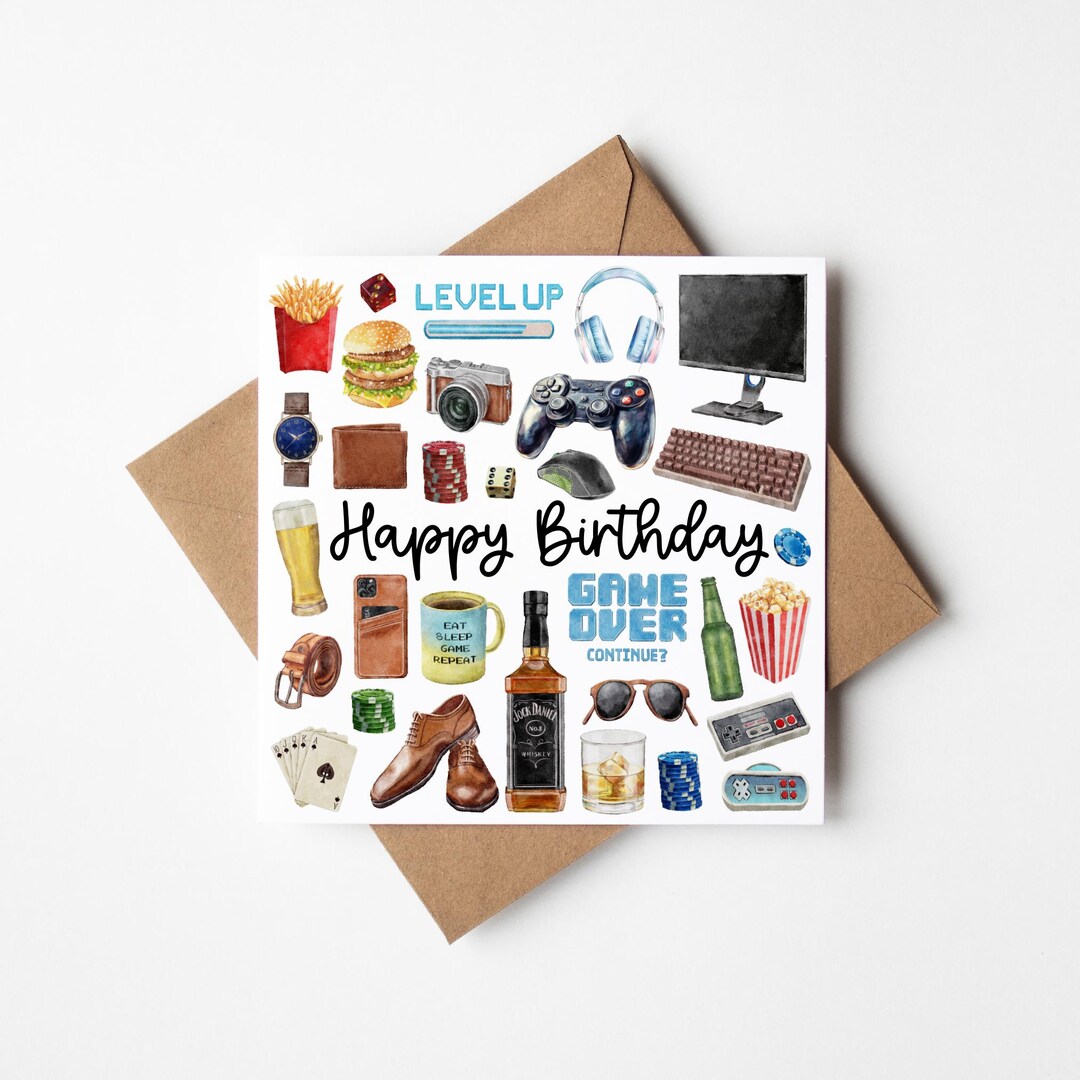 Gaming Mens Birthday Card Gamer Drinks Snacks Mans Bday Design With ...