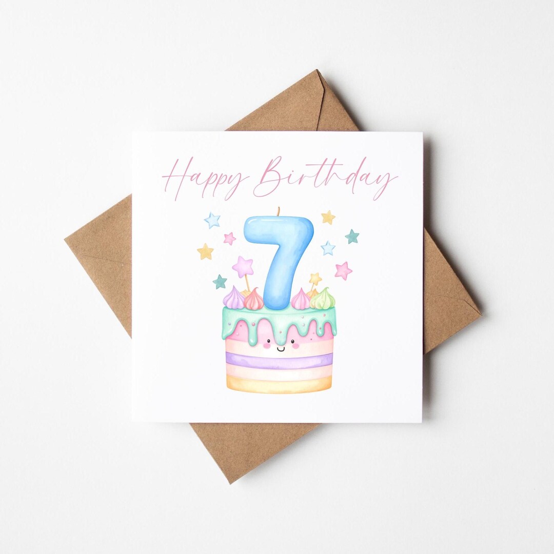 7th Birthday Card Pink, Blue, & Green Cake Number 7 With Envelope - Etsy
