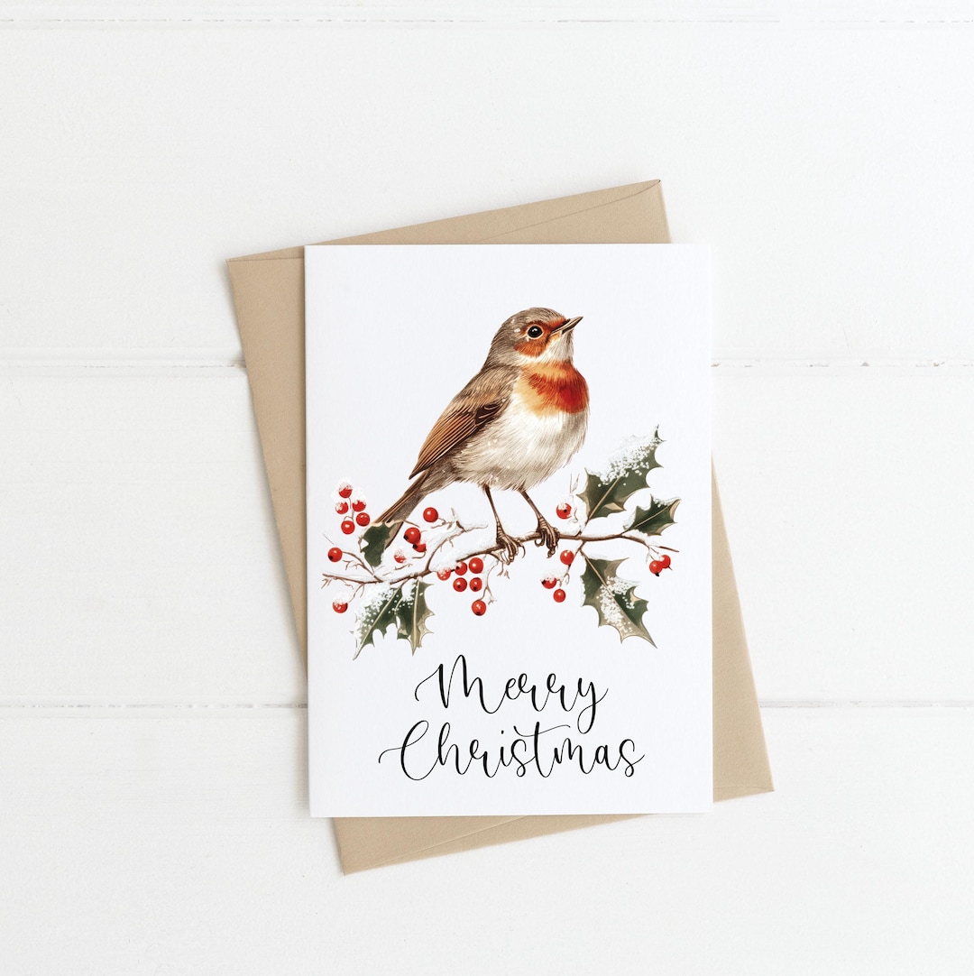 Christmas Card, Merry Christmas Robin & Holly Winter Foliage ...