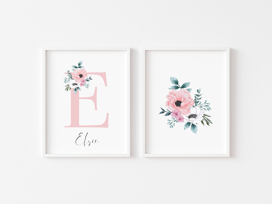 Personalised Floral Initial Prints Set of 2 Pink Bedroom Wall Art ...
