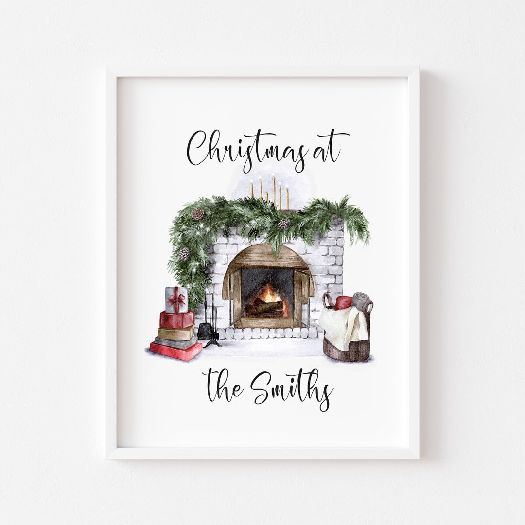 Personalised Christmas Fireplace Print Watercolour Family Name Wall Art ...