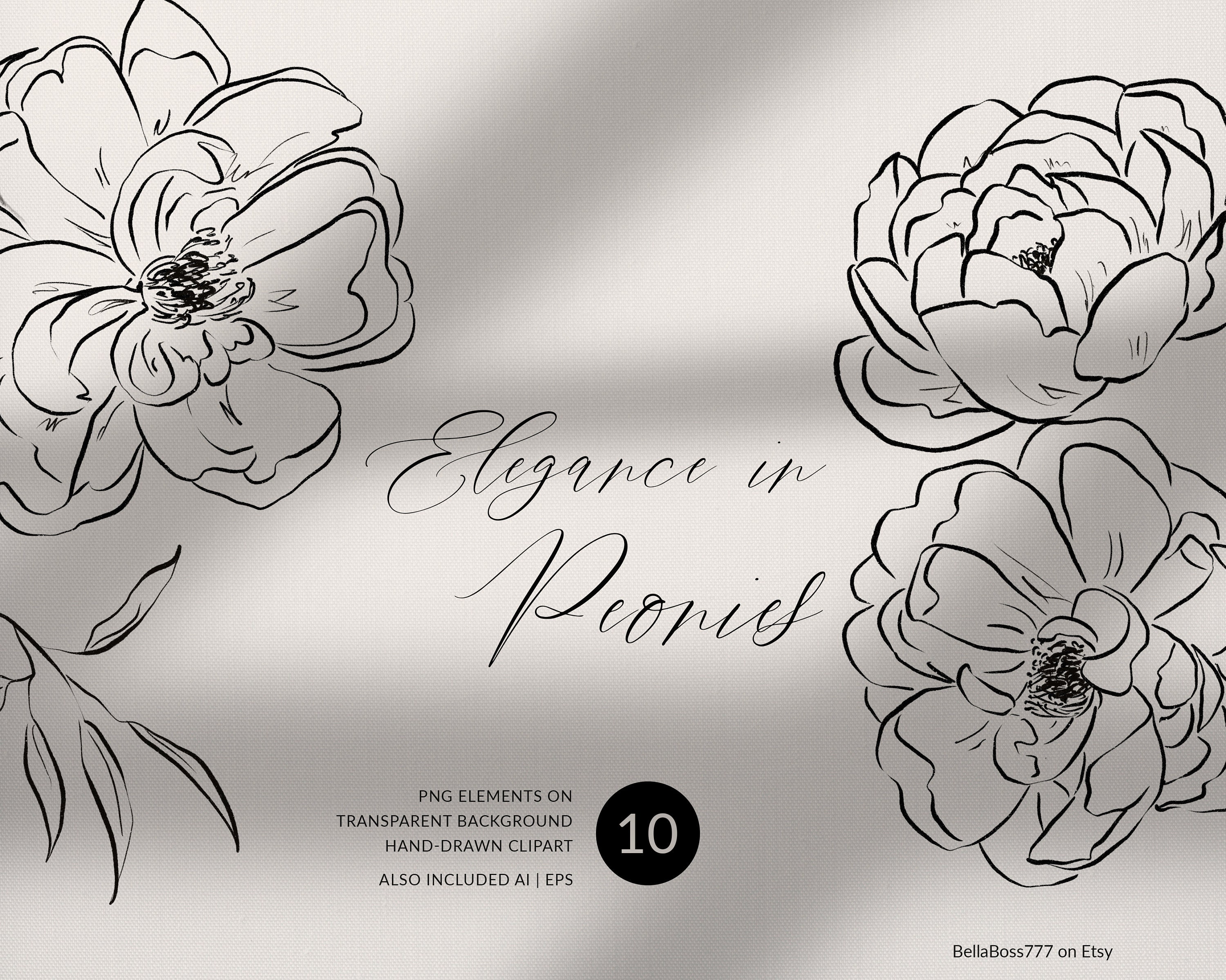 Peonies Line Art, Peonies Clipart, Fine Art Flowers, Floral Line Art ...
