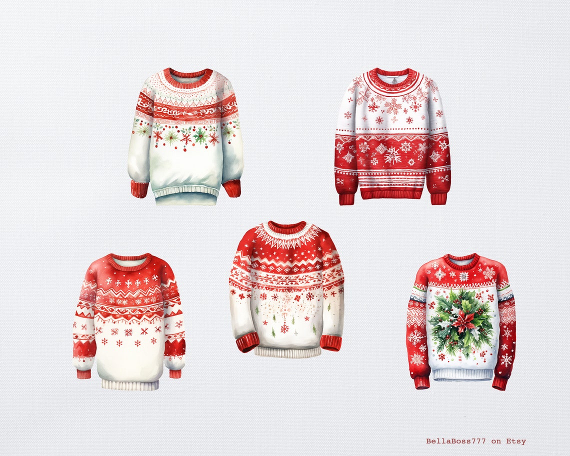 Christmas Sweaters, Watercolor Christmas, Holiday Clipart, Watercolor ...