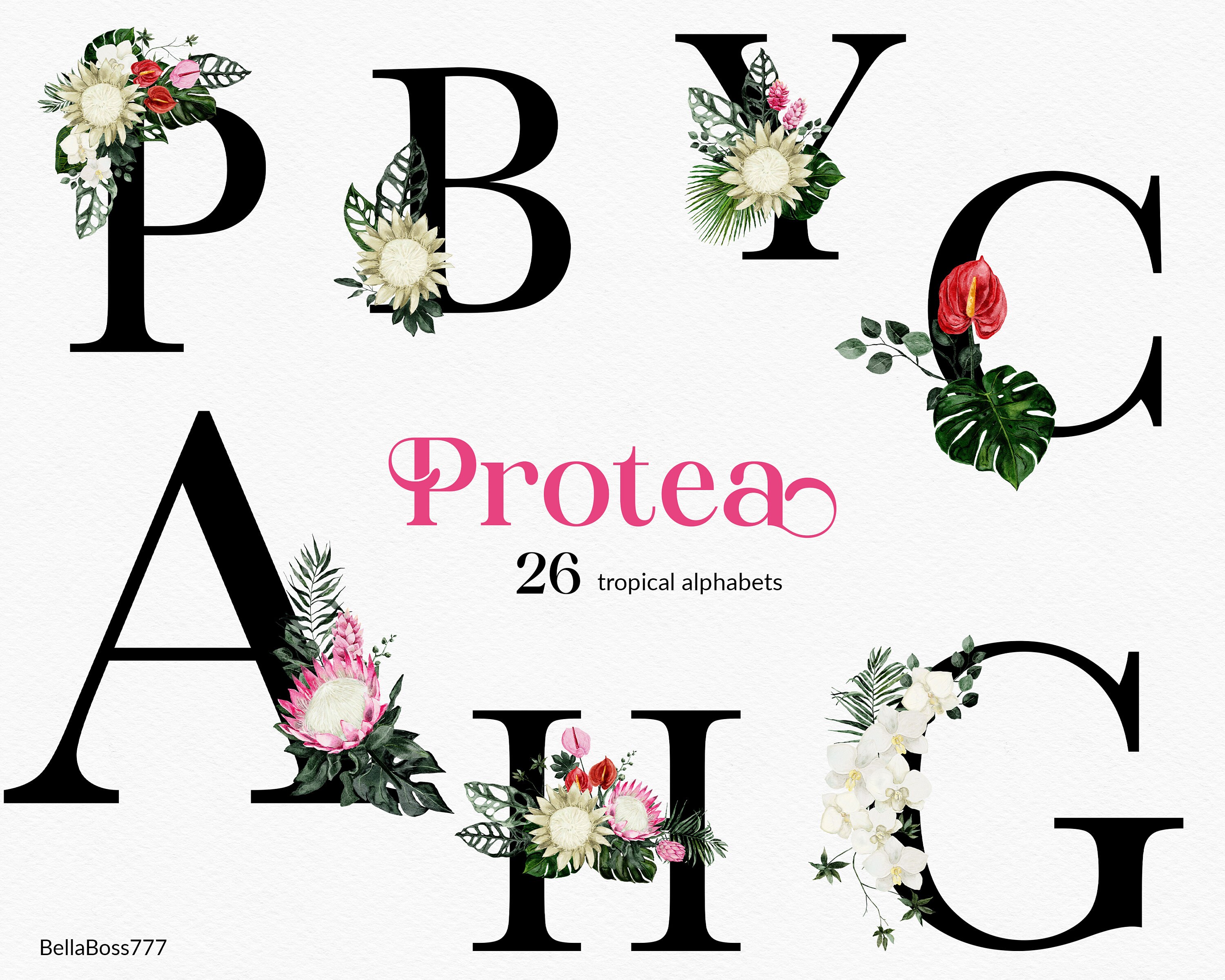 Floral Alphabet Tropical Flowers Alphabet Clipart Tropical - Etsy