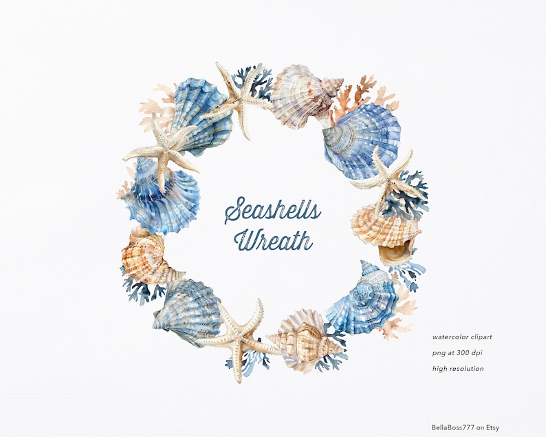 Seashells Clipart, Seashells Wreath, Ocean Clipart, Marine Clipart ...