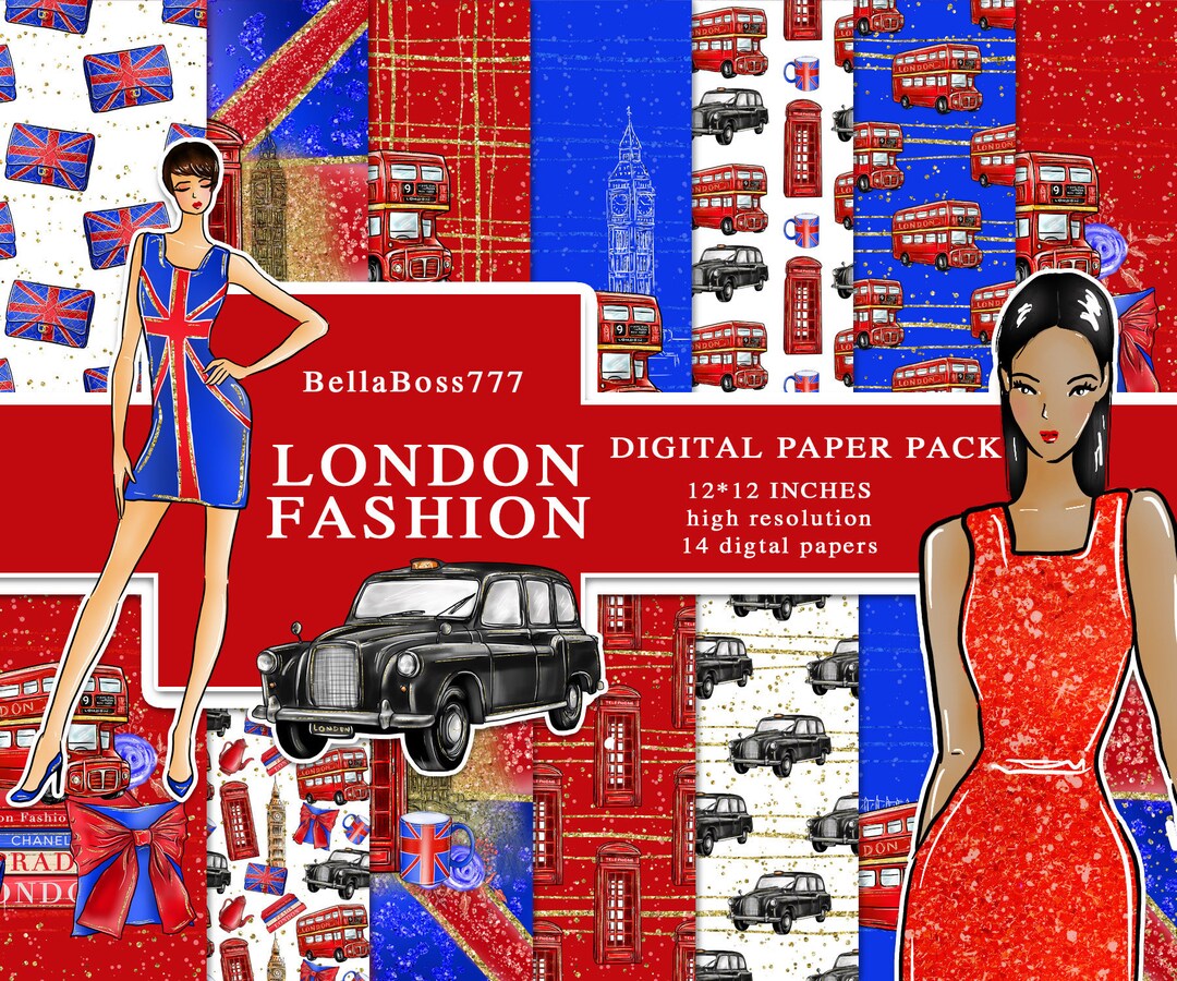 London Digital Paper Fashion Illustration Bridge Taxi Bus - Etsy