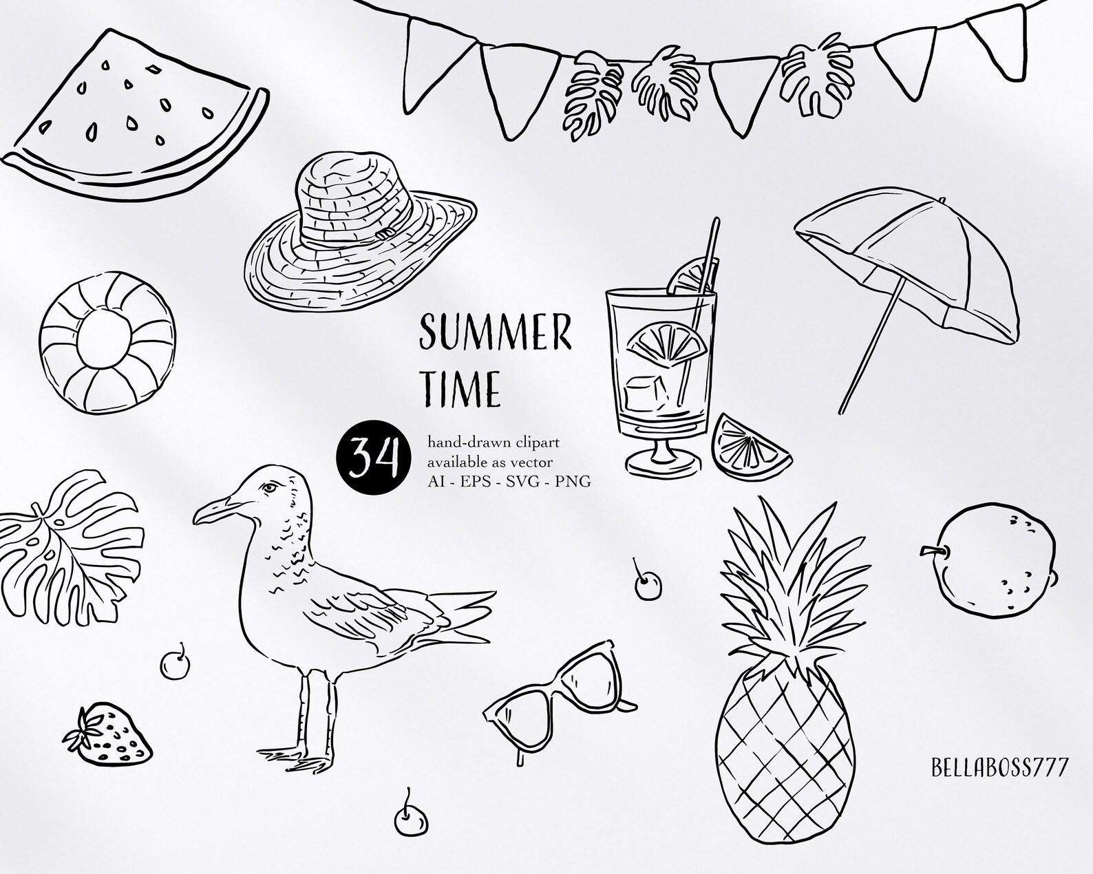 Summer Clipart, Beach Clipart, Ocean Line Art, Tropical Clipart ...