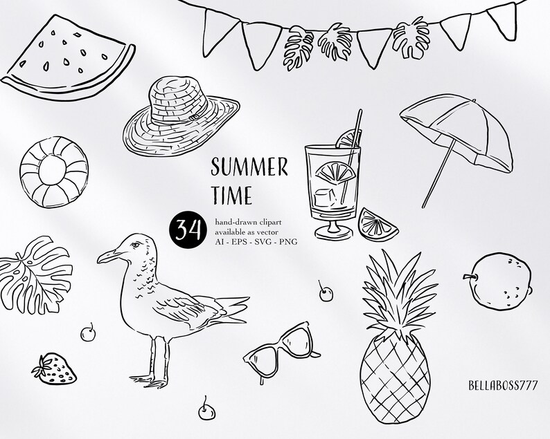 Summer Clipart, Beach Clipart, Ocean Line Art, Tropical Clipart ...