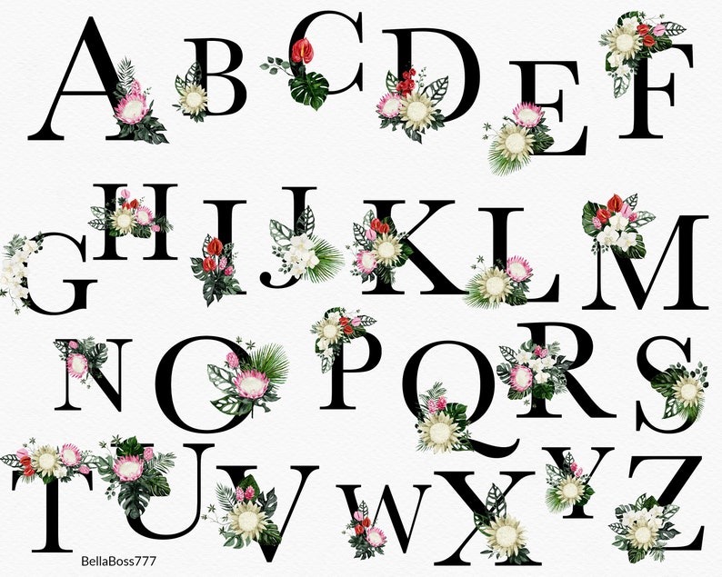 Floral Alphabet Tropical Flowers Alphabet Clipart Tropical - Etsy