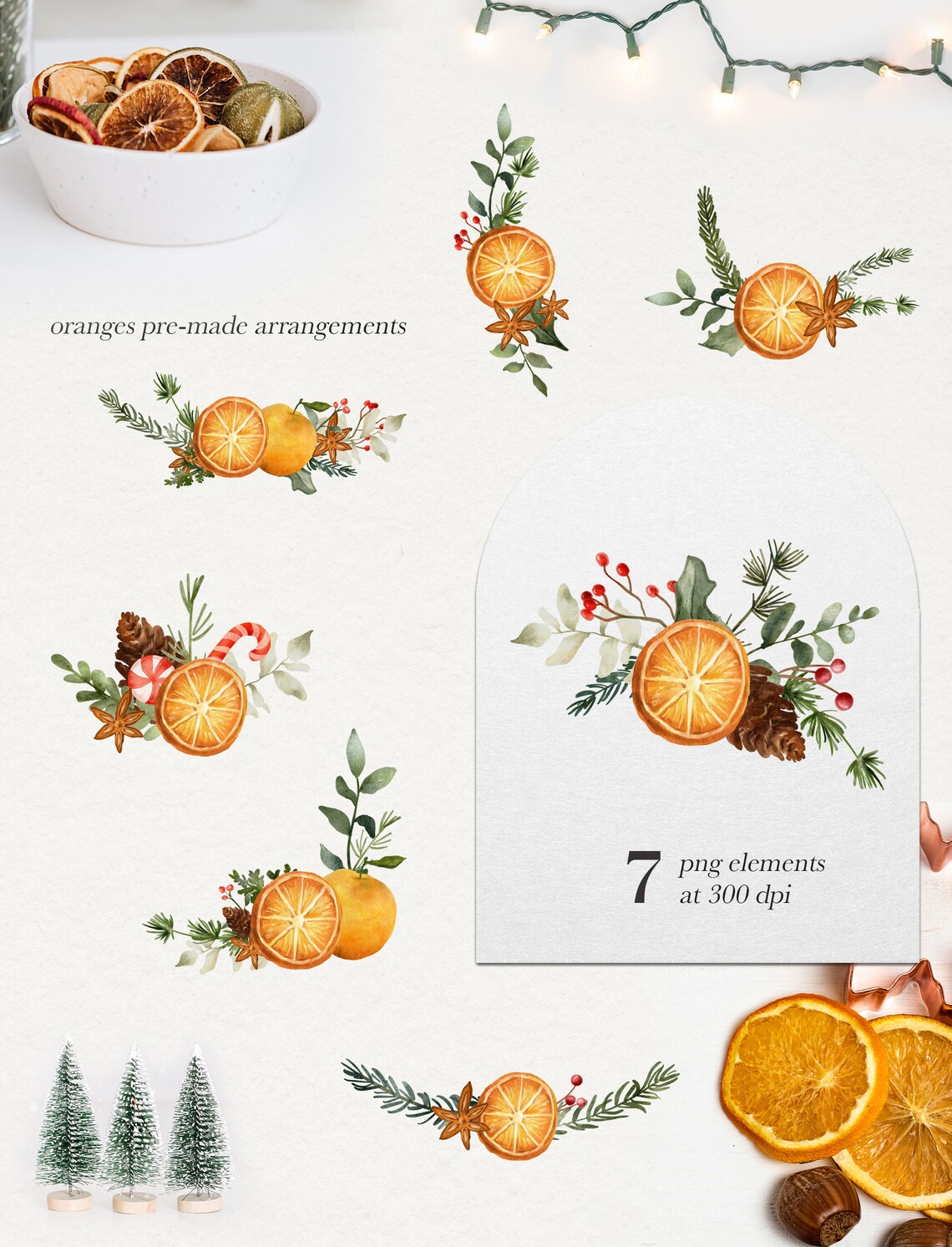 Watercolor Christmas Clipart, Orange Holly Bouquets (digital Download ...