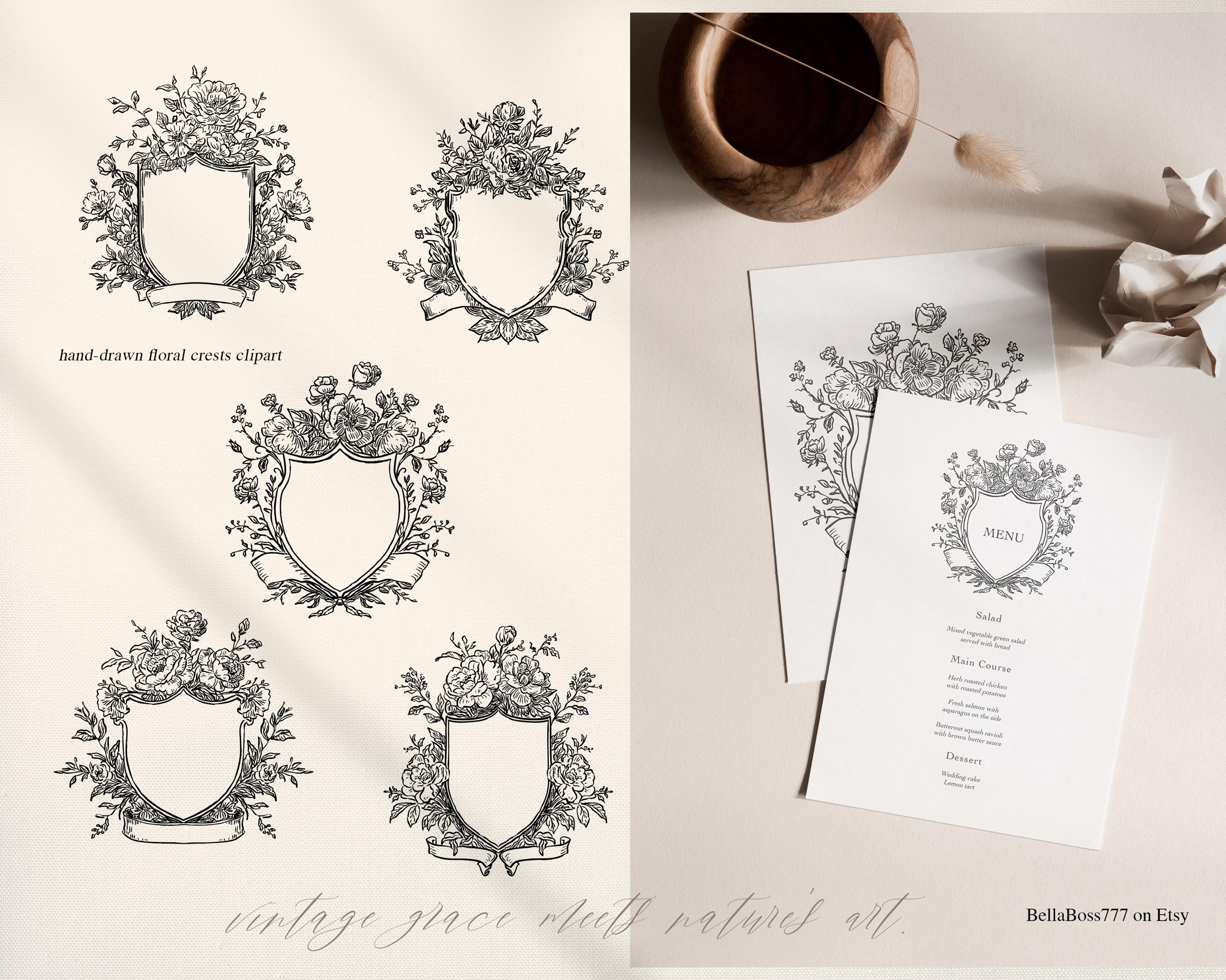Floral Crest Clipart, Wedding Frame, Crest Logo Clipart, Fine Art, Line ...