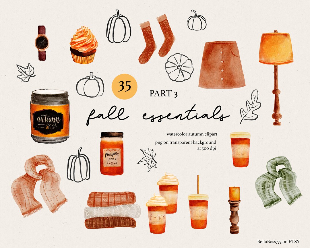 Fall Clipart, Autumn Clipart, Watercolor Autumn, Pumpkin Latte, Pumpkin ...