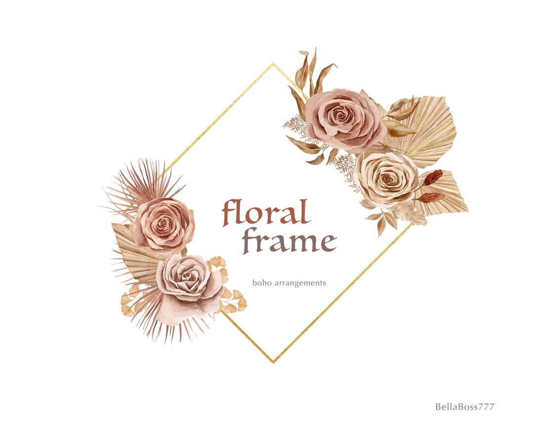Boho Floral Frame, Watercolor Flowers, Beige Roses, Floral Wedding ...