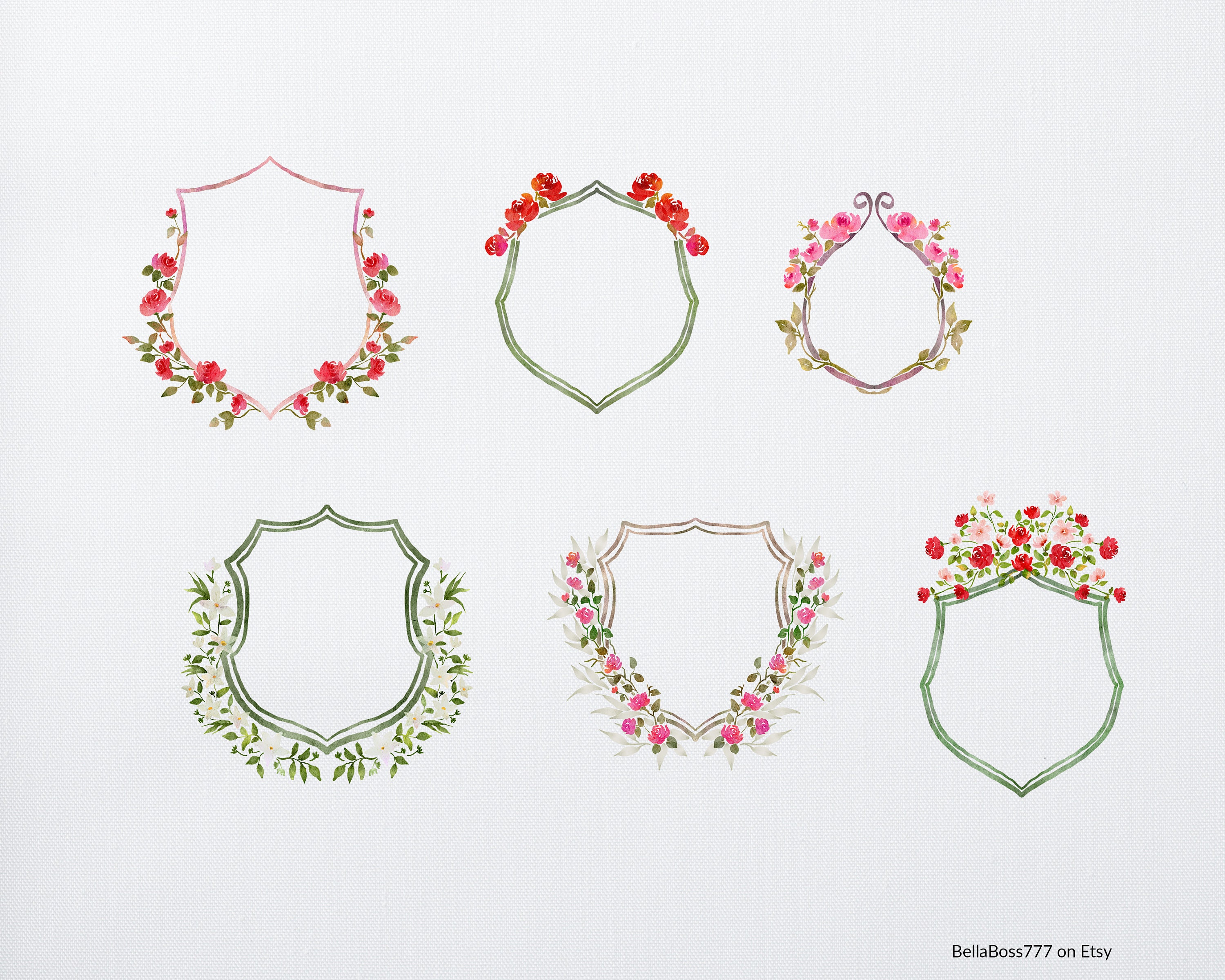 Floral Crest, Wedding Crest, Rose Clipart, Watercolor Roses, Watercolor ...