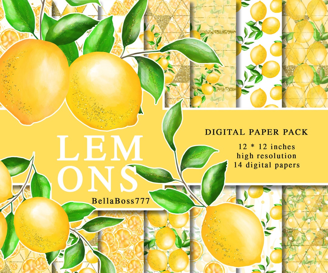 Lemons Digital Paper Pack, Yellow Paper Pack, Summer Pattern, Fruits ...