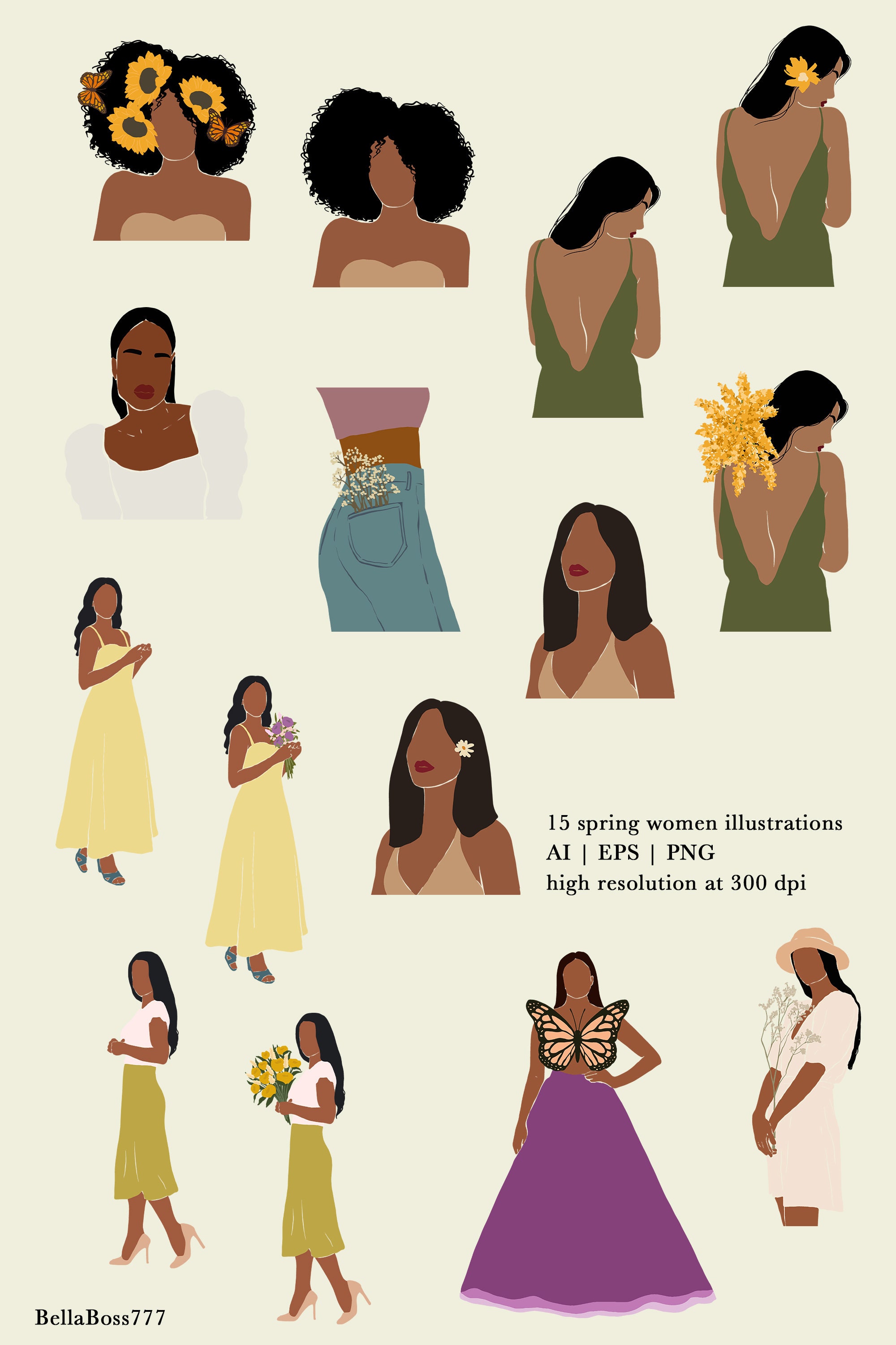 Woman Clipart, Sunflower Spring Clipart, Floral Clipart, Girl Clipart ...