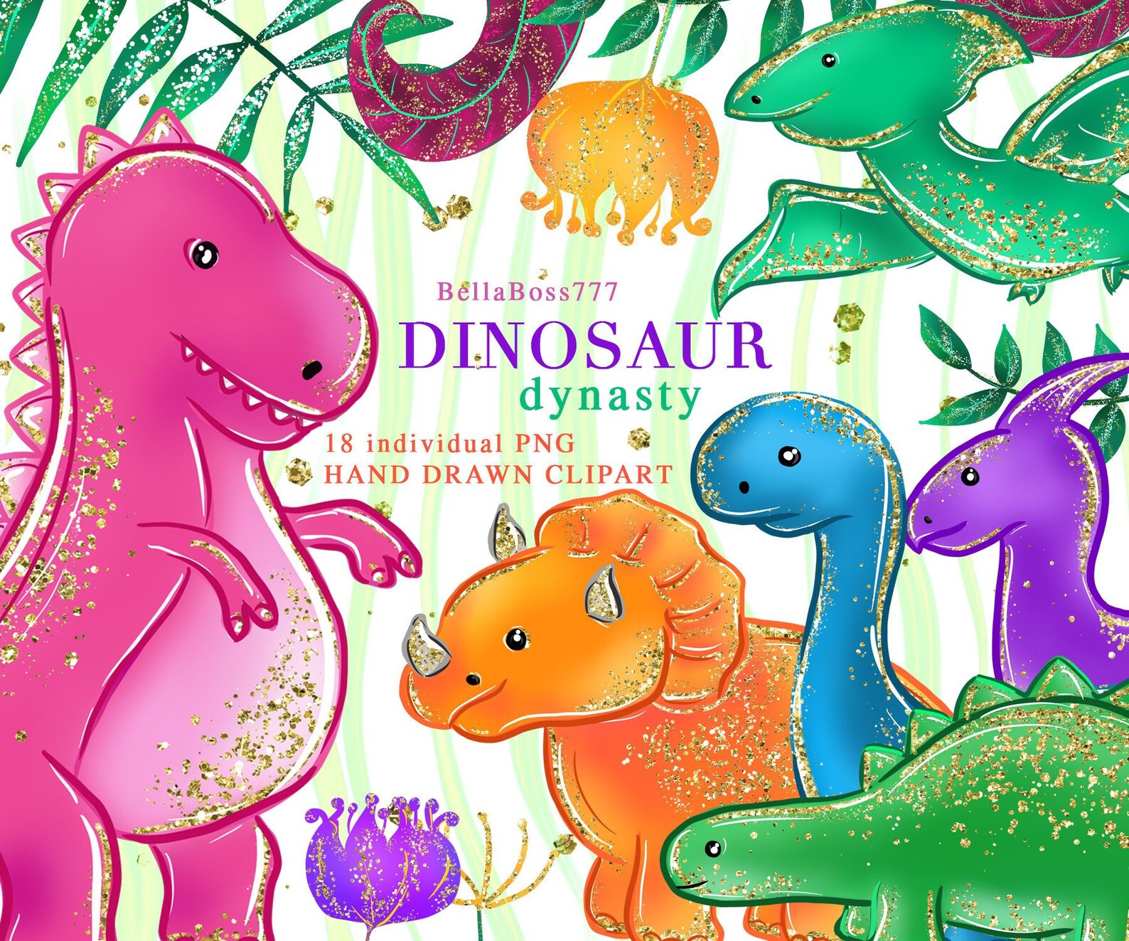 Dinosaur Clipart, T-rex Pterodactyl Glitter Dino Flowers Girly ...