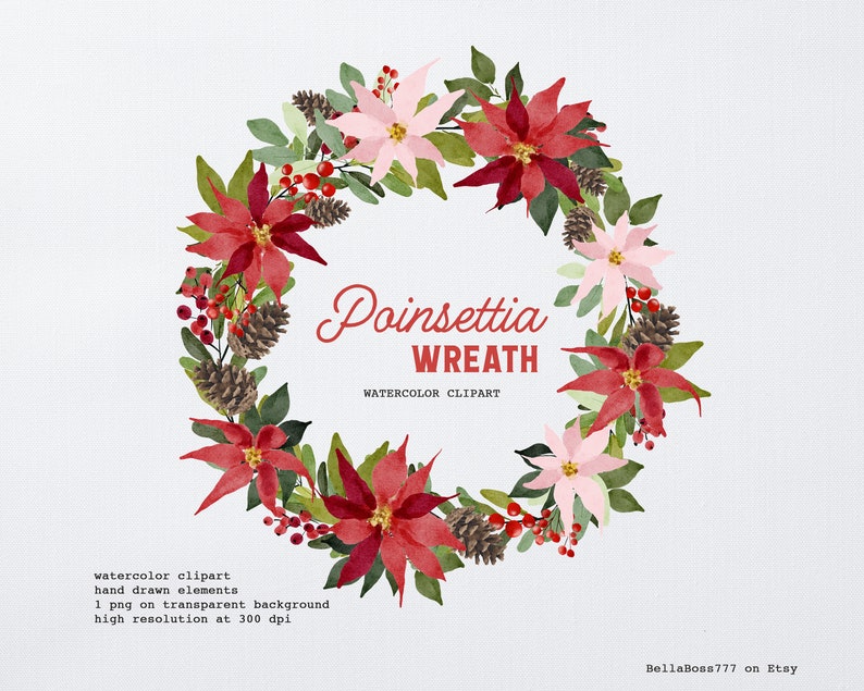 Christmas Wreath, Watercolor Wreath, Floral Wreath, Poinsettia Wreath ...