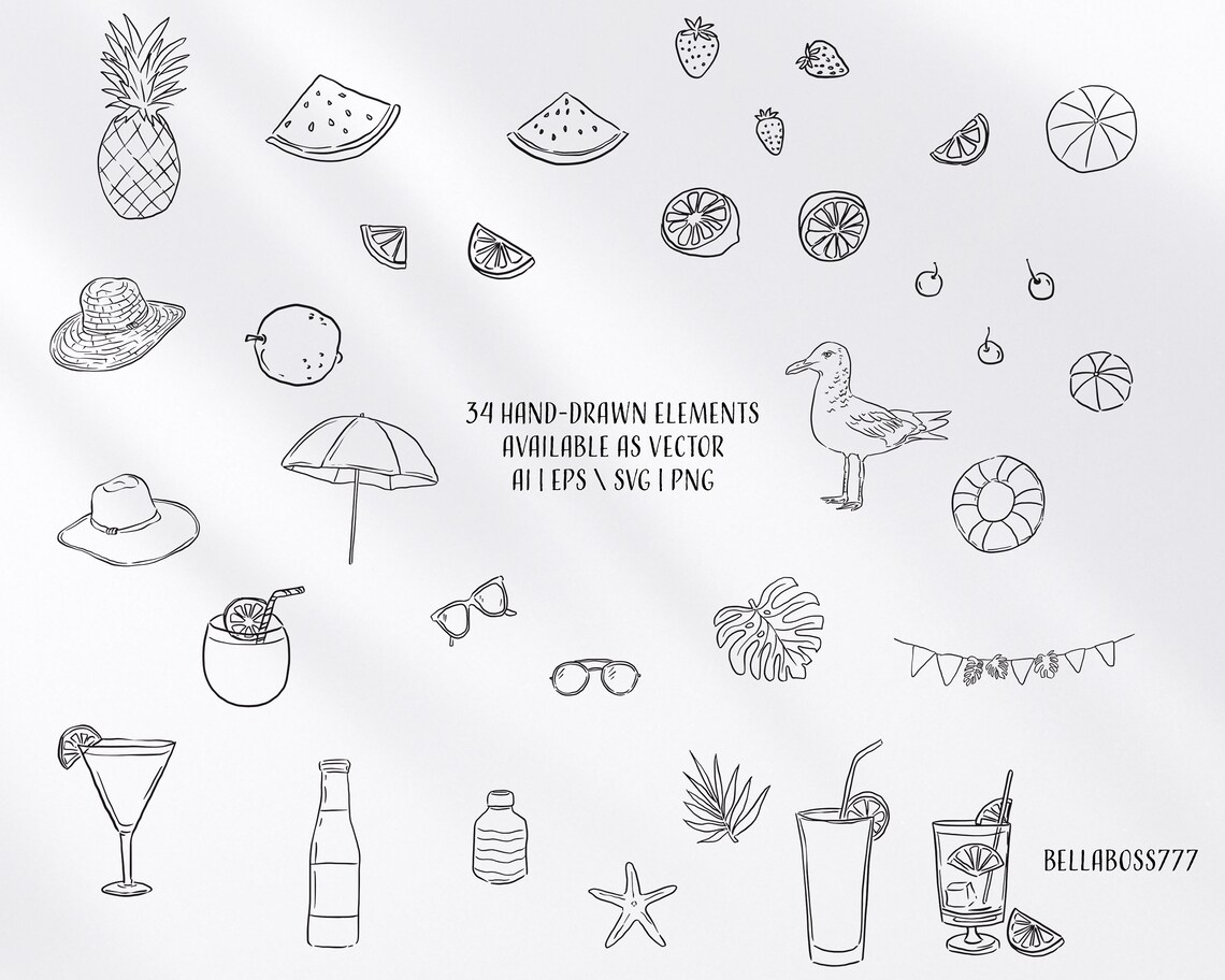 Summer Clipart, Beach Clipart, Ocean Line Art, Tropical Clipart ...