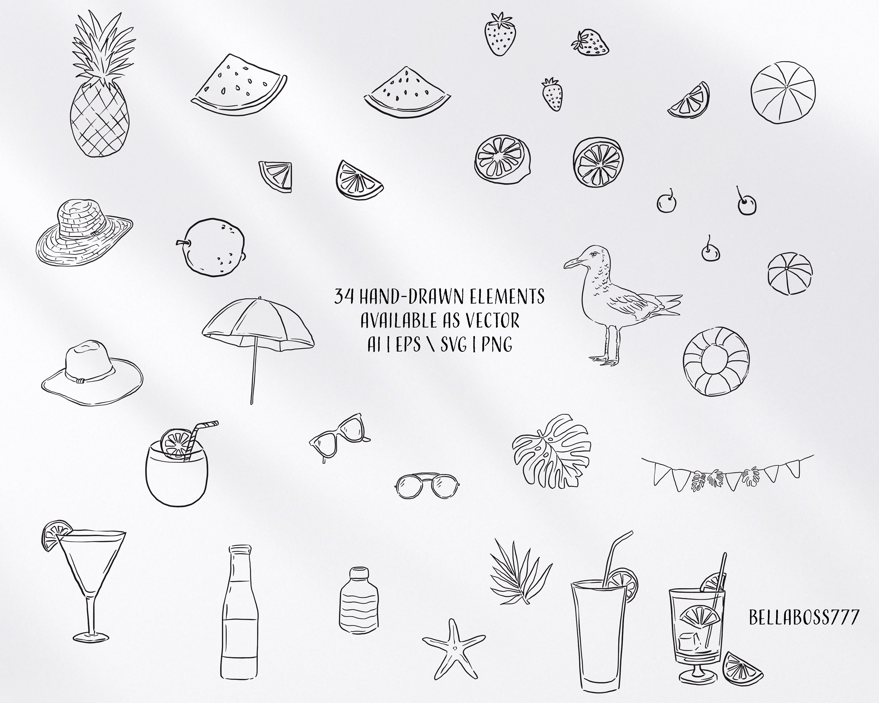 Summer Clipart, Beach Clipart, Ocean Line Art, Tropical Clipart ...