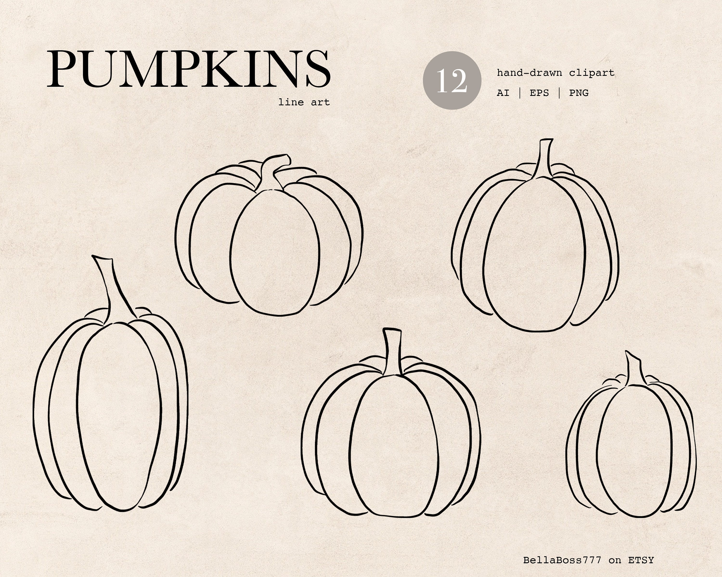 Pumpkins Clipart, Autumn Clipart, Line Art, Pumpkins Line Art, One Line ...