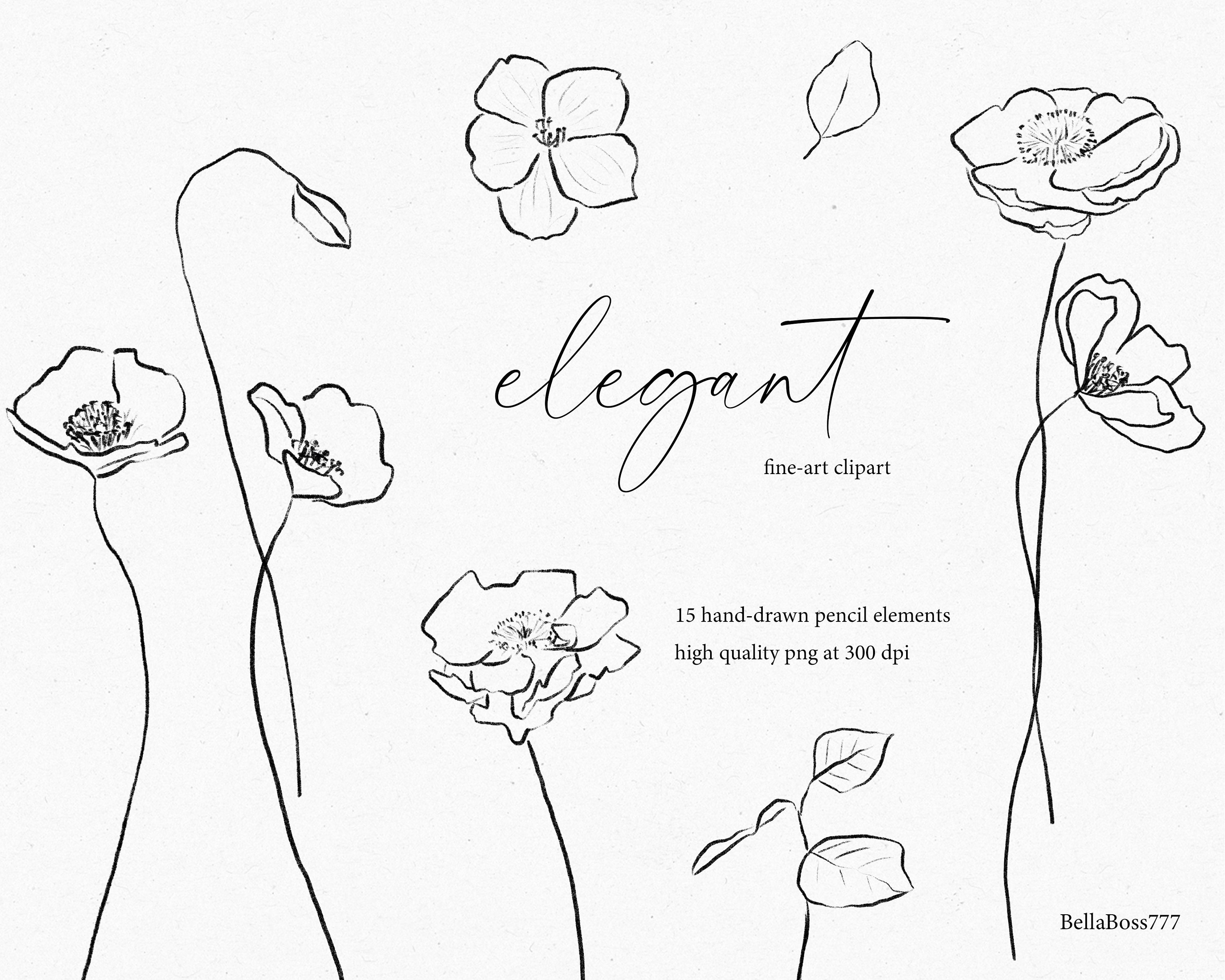Floral Line Art Line Art Clipart Fine Art Flower Botanical - Etsy