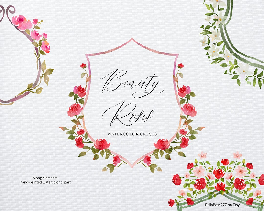 Floral Crest, Wedding Crest, Rose Clipart, Watercolor Roses, Watercolor ...