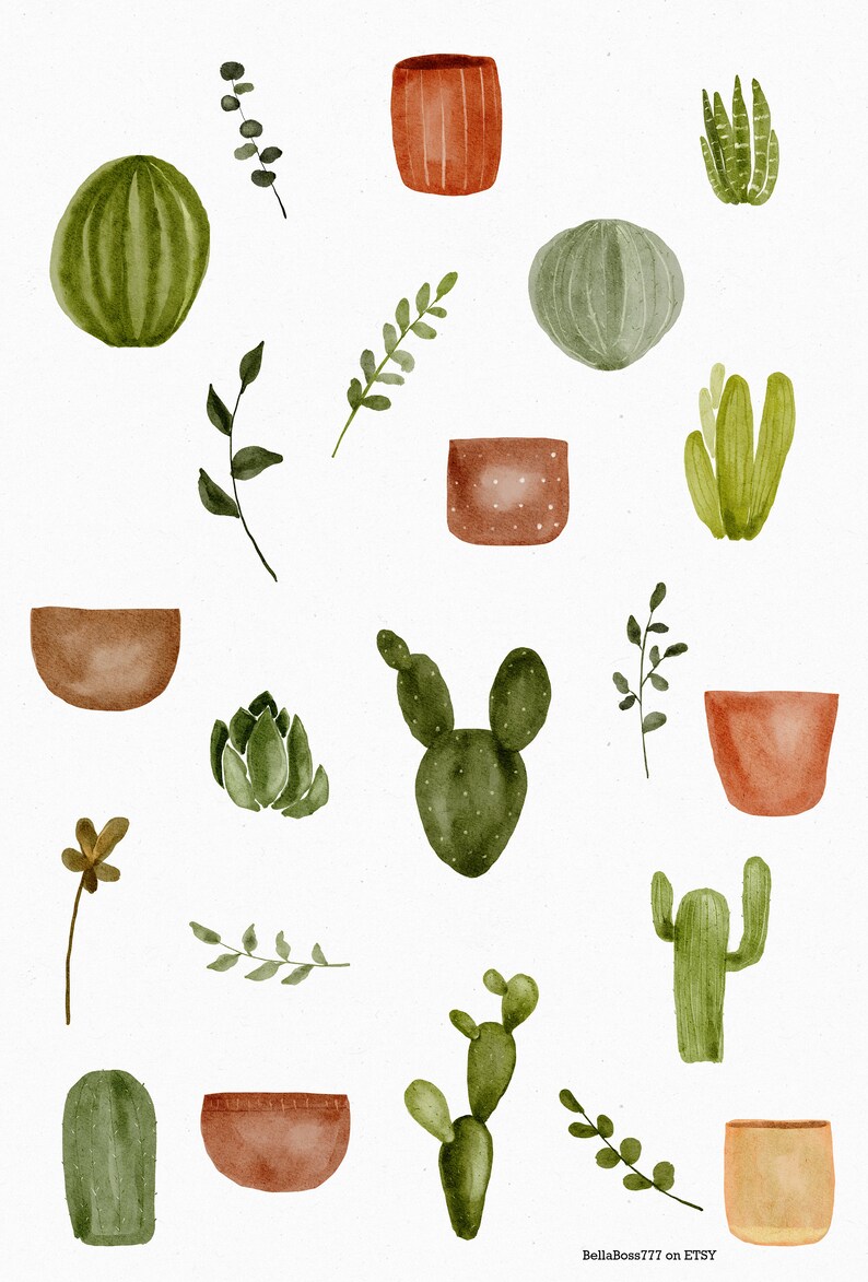 Watercolor Clipart, Cactus Clipart, Succulents Clipart, Cactus Pots ...