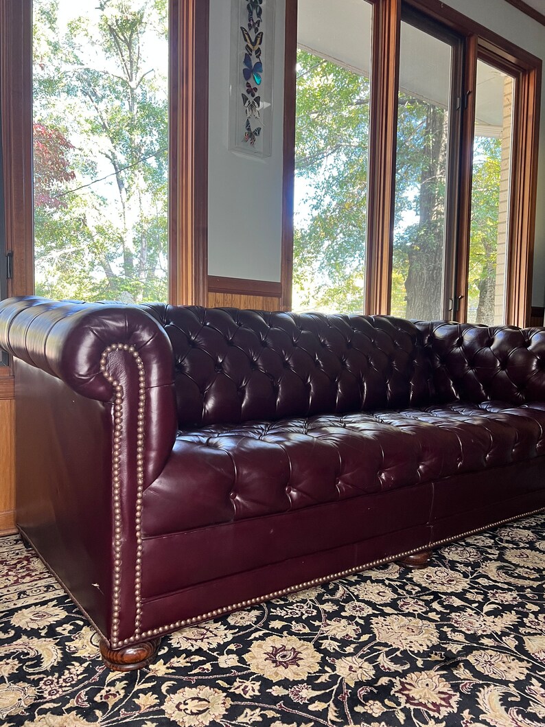 Burgundy Leather Chesterfield Sofa With Tufted Details and Rolled Arms ...