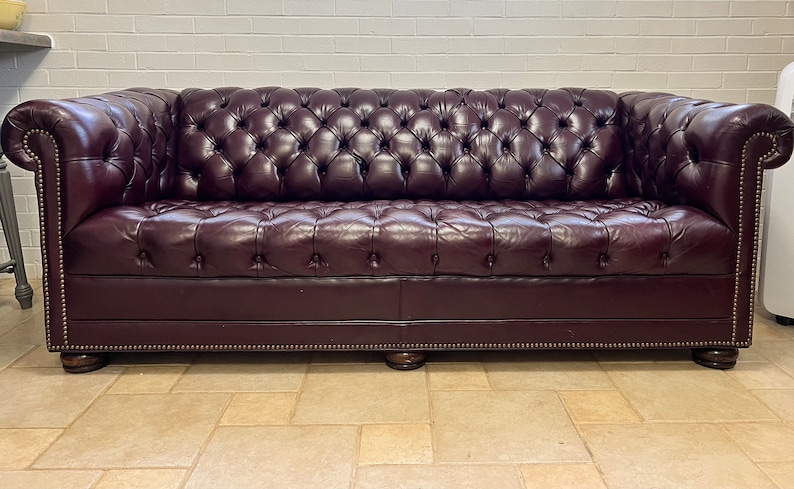 Burgundy Leather Chesterfield Sofa With Tufted Details and Rolled Arms ...